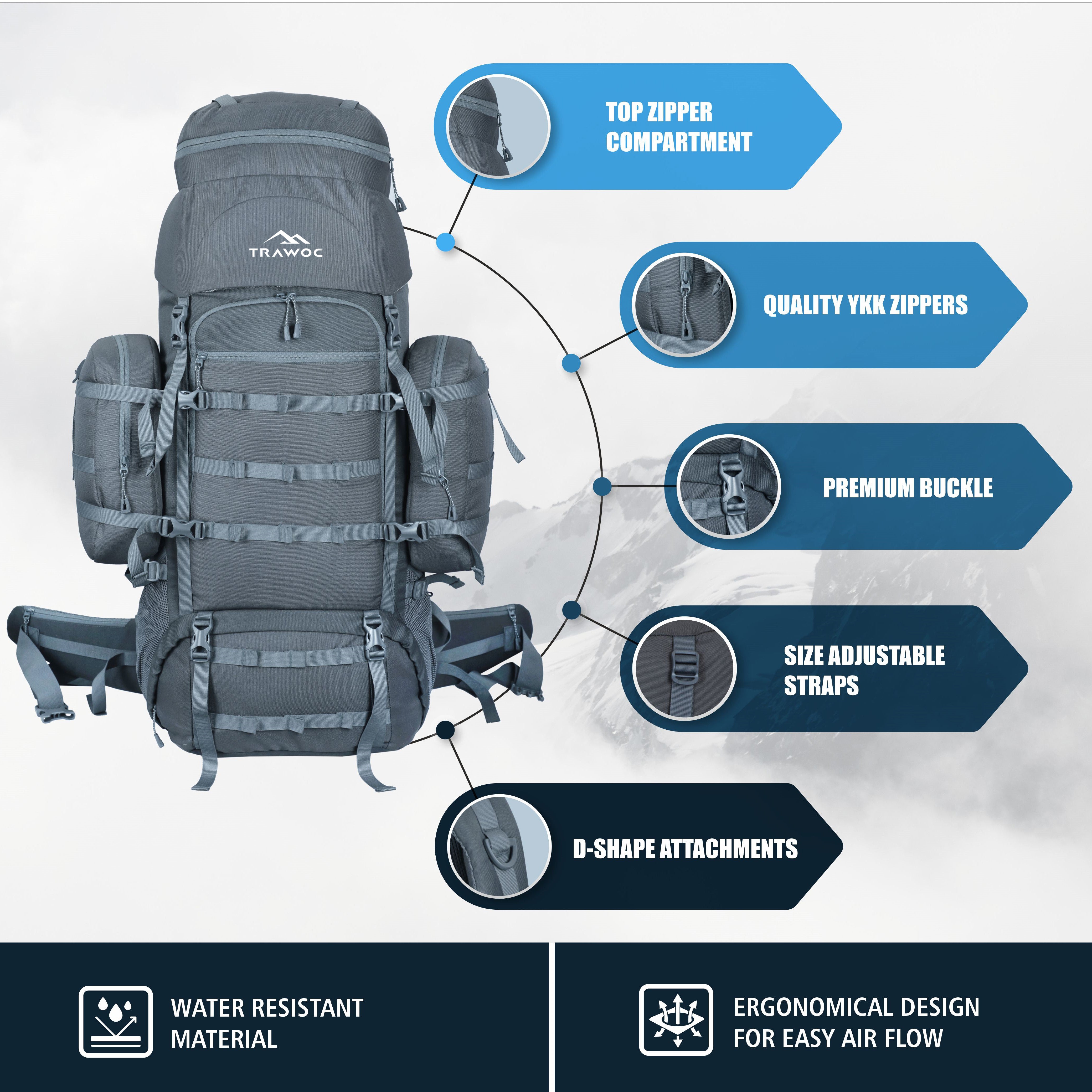 Trawoc Travel Backpack with Detachable Daypack (90Ltr) | Internal Frame ...