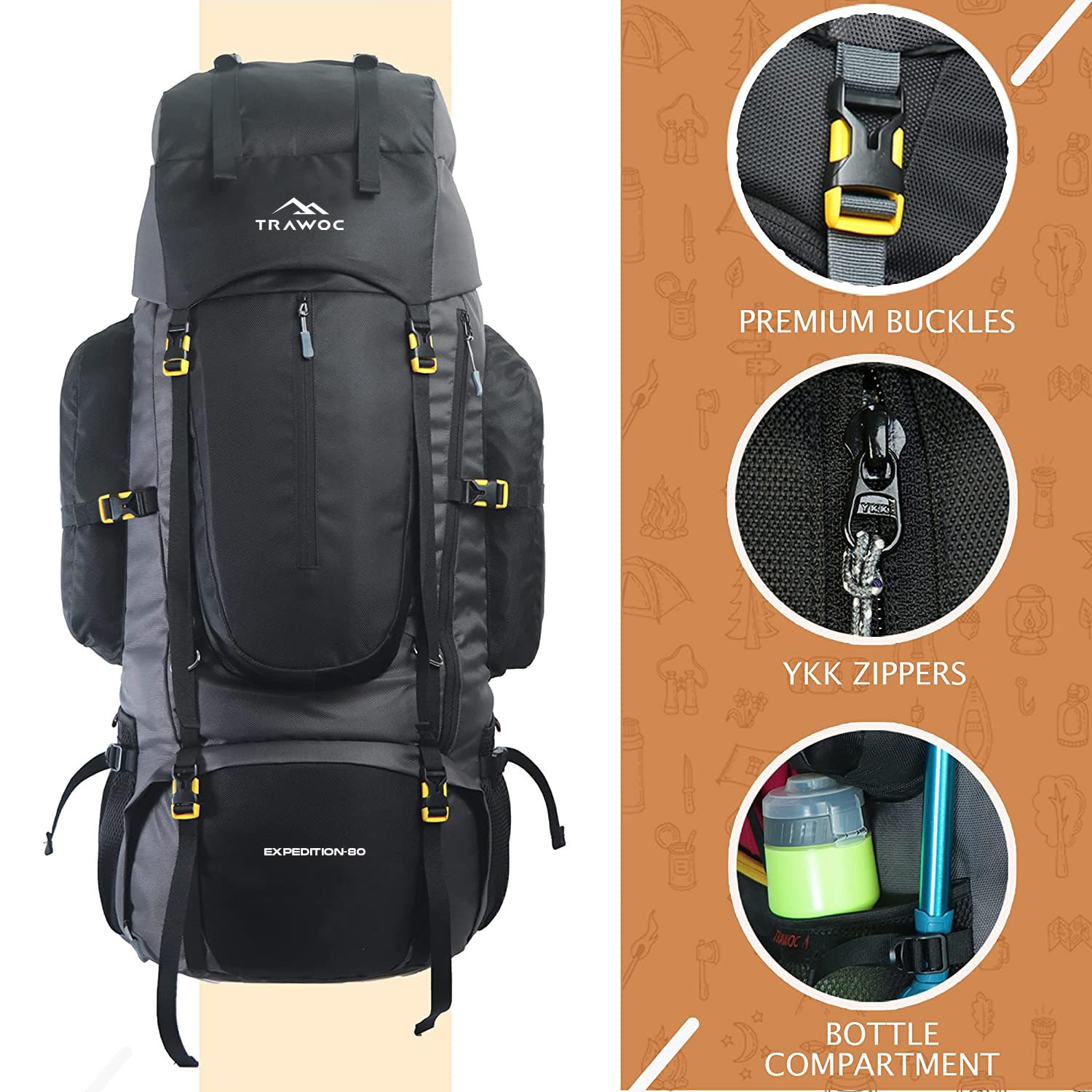 Trawoc Travel Backpack (80Ltr) | Hiking, Trekking & Camping Rucksack ...