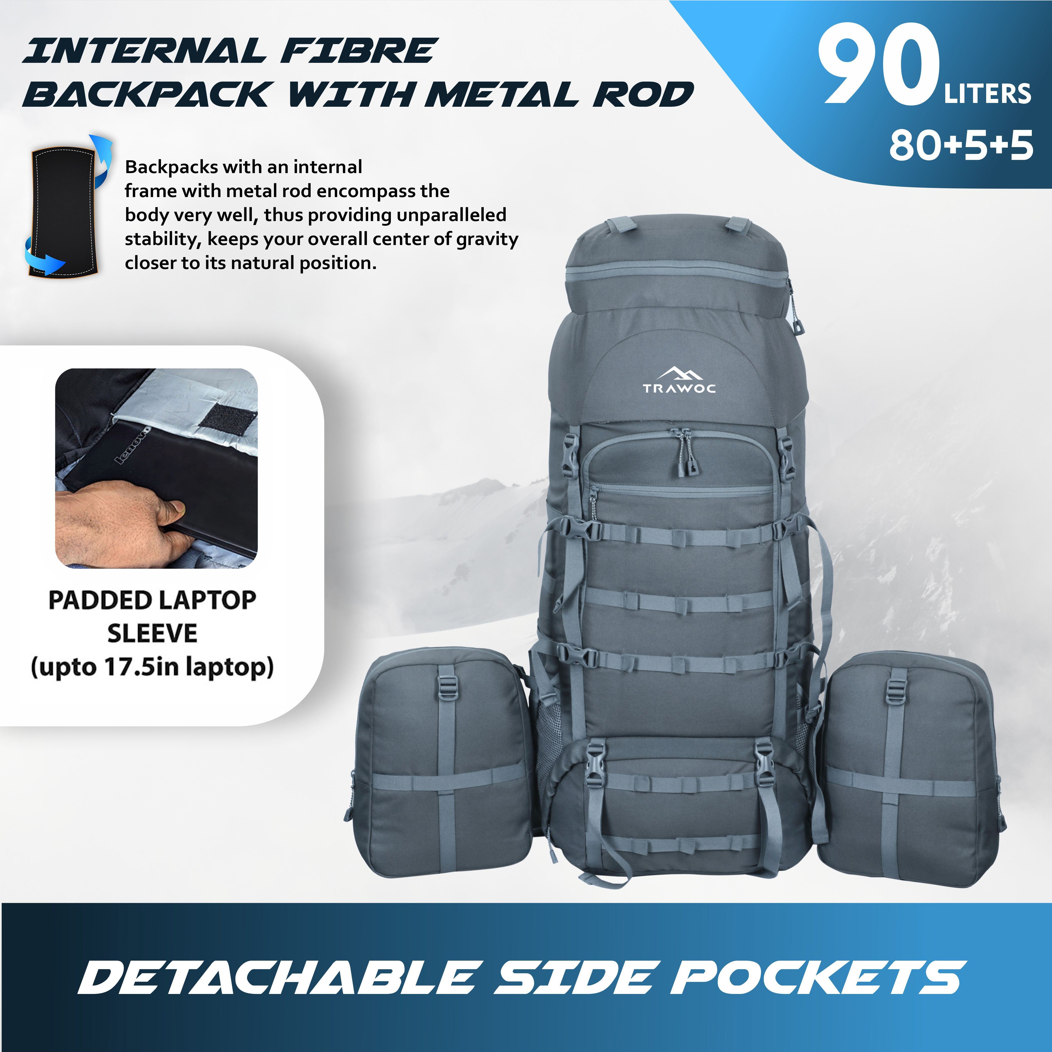 Trawoc Travel Backpack with Detachable Daypack (90Ltr) | Internal Frame ...