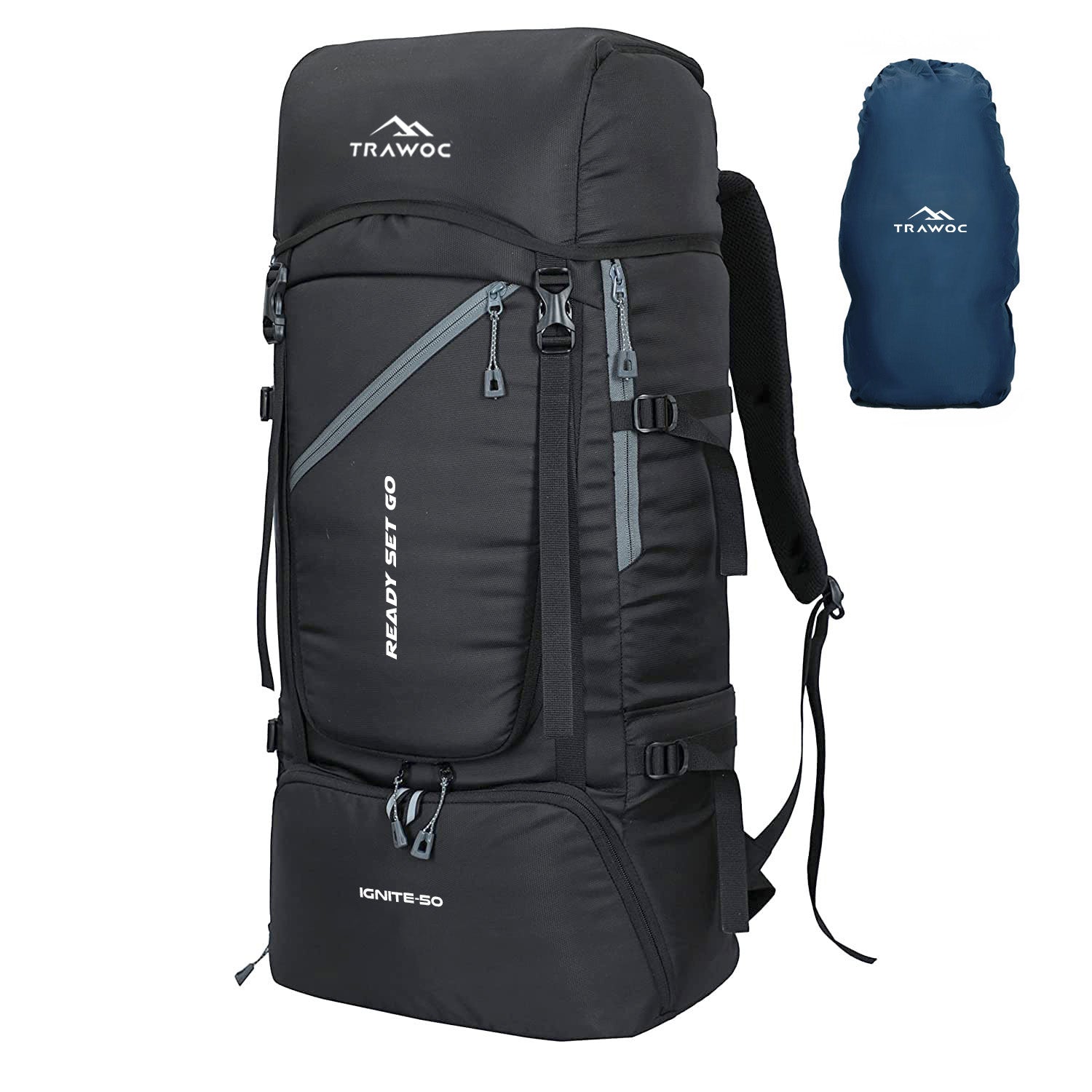 Trawoc Travel Bag (50Ltr - Metal Black) | Shoe Compartment & Rain Cover ...