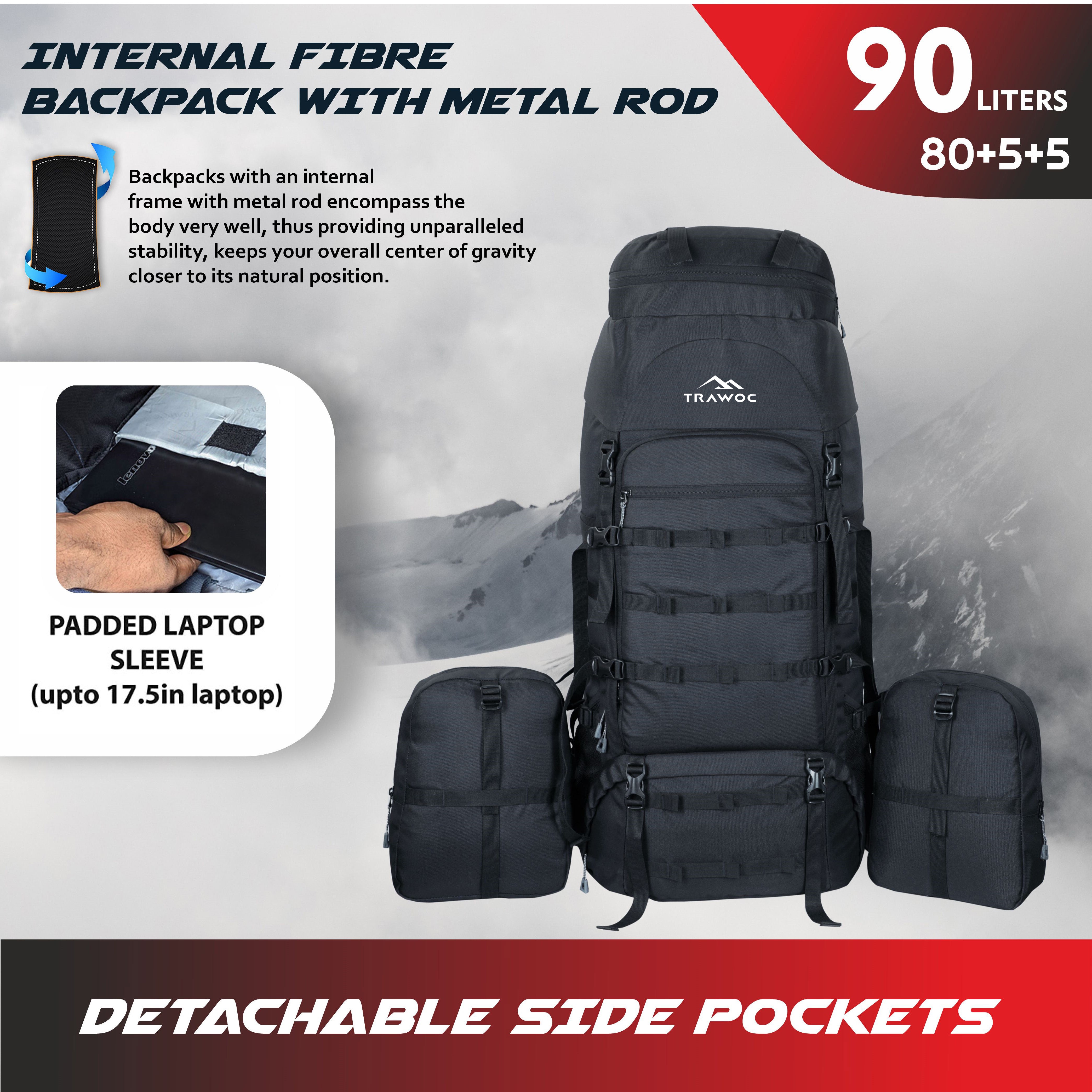Trawoc Travel Backpack with Detachable Daypack (90Ltr) | Internal Frame ...
