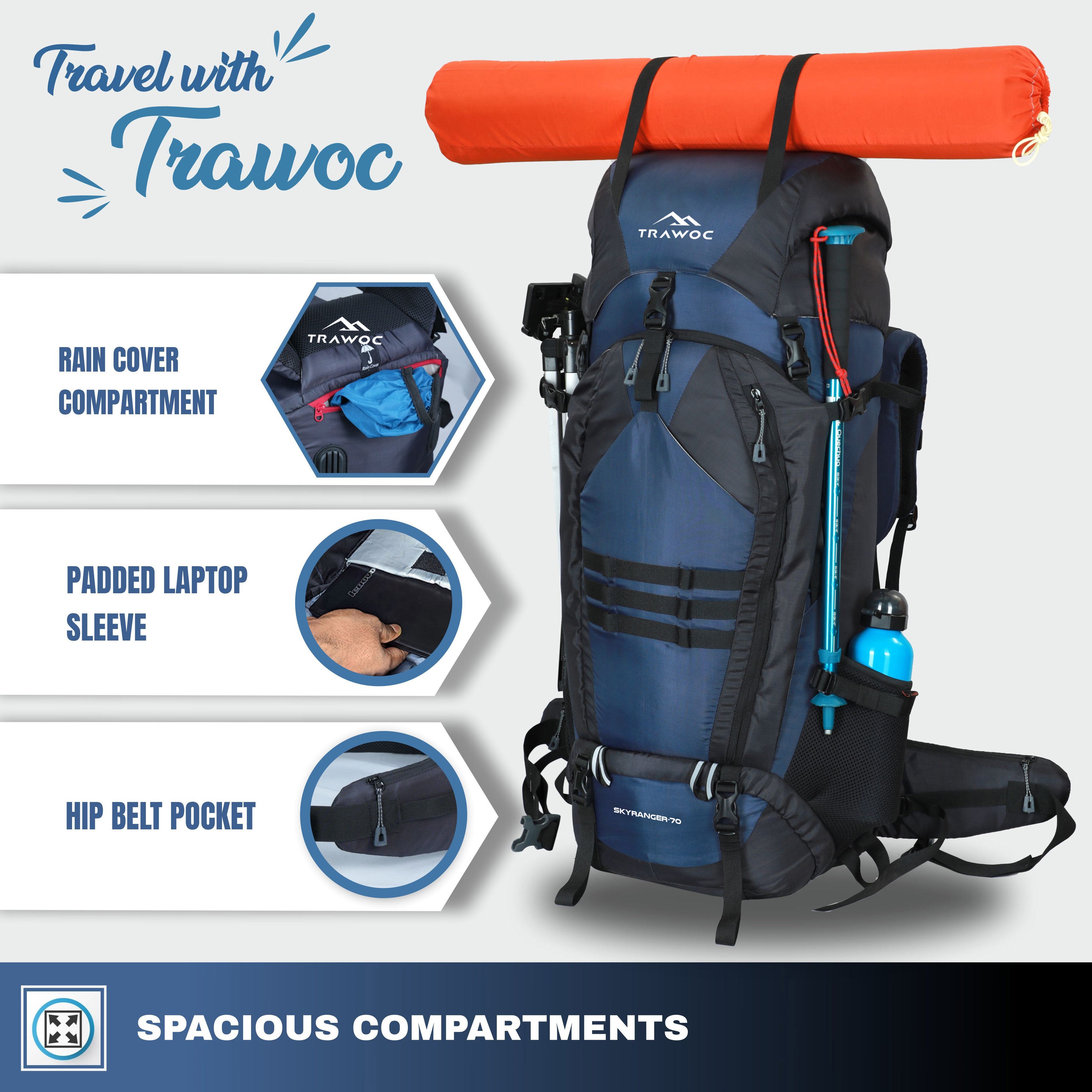 Trawoc Camping Backpack (70Ltr) | With Water Proof Rain Cover | Front ...