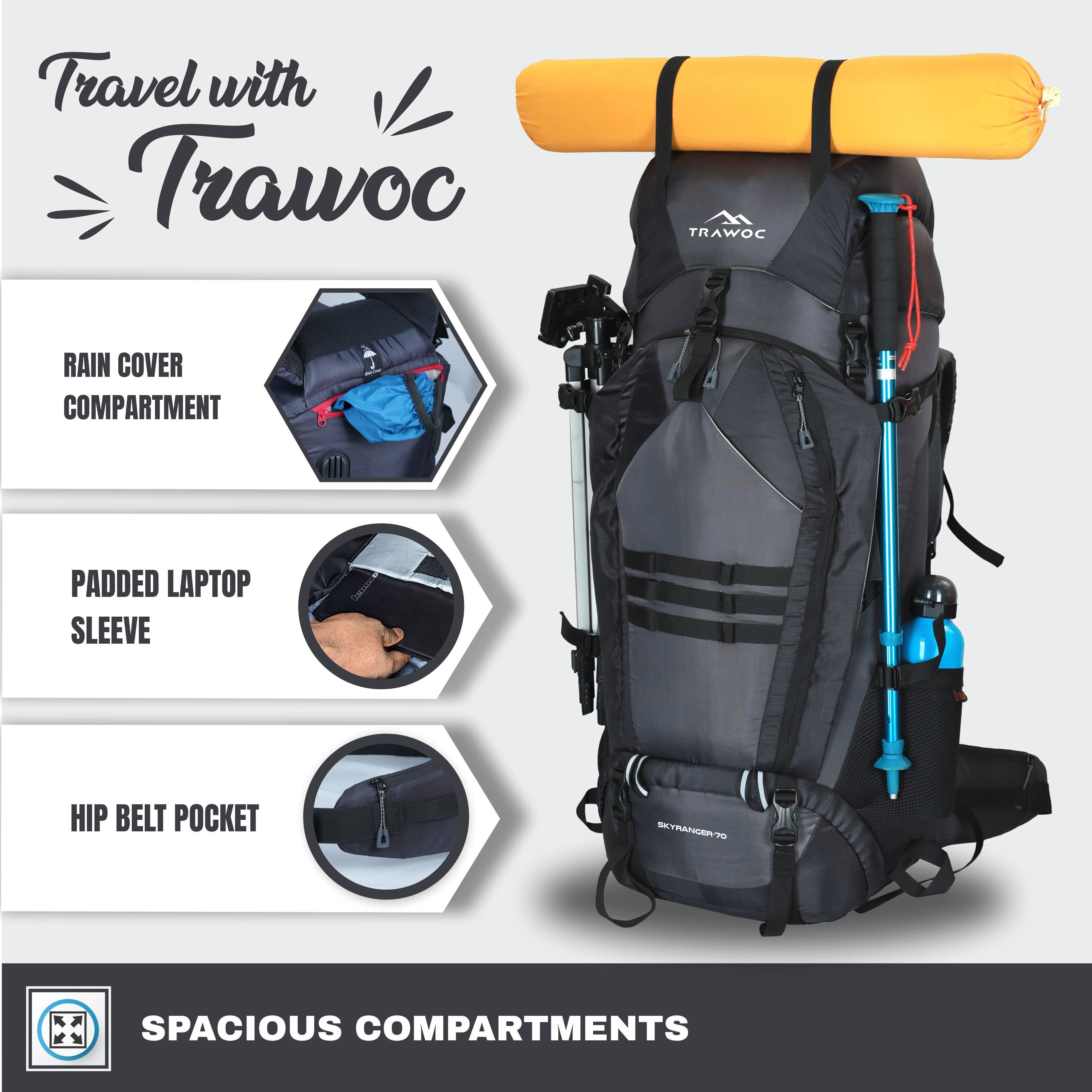 Trawoc Camping Backpack (70Ltr) | With Shoe Compartment & Rain Cover ...
