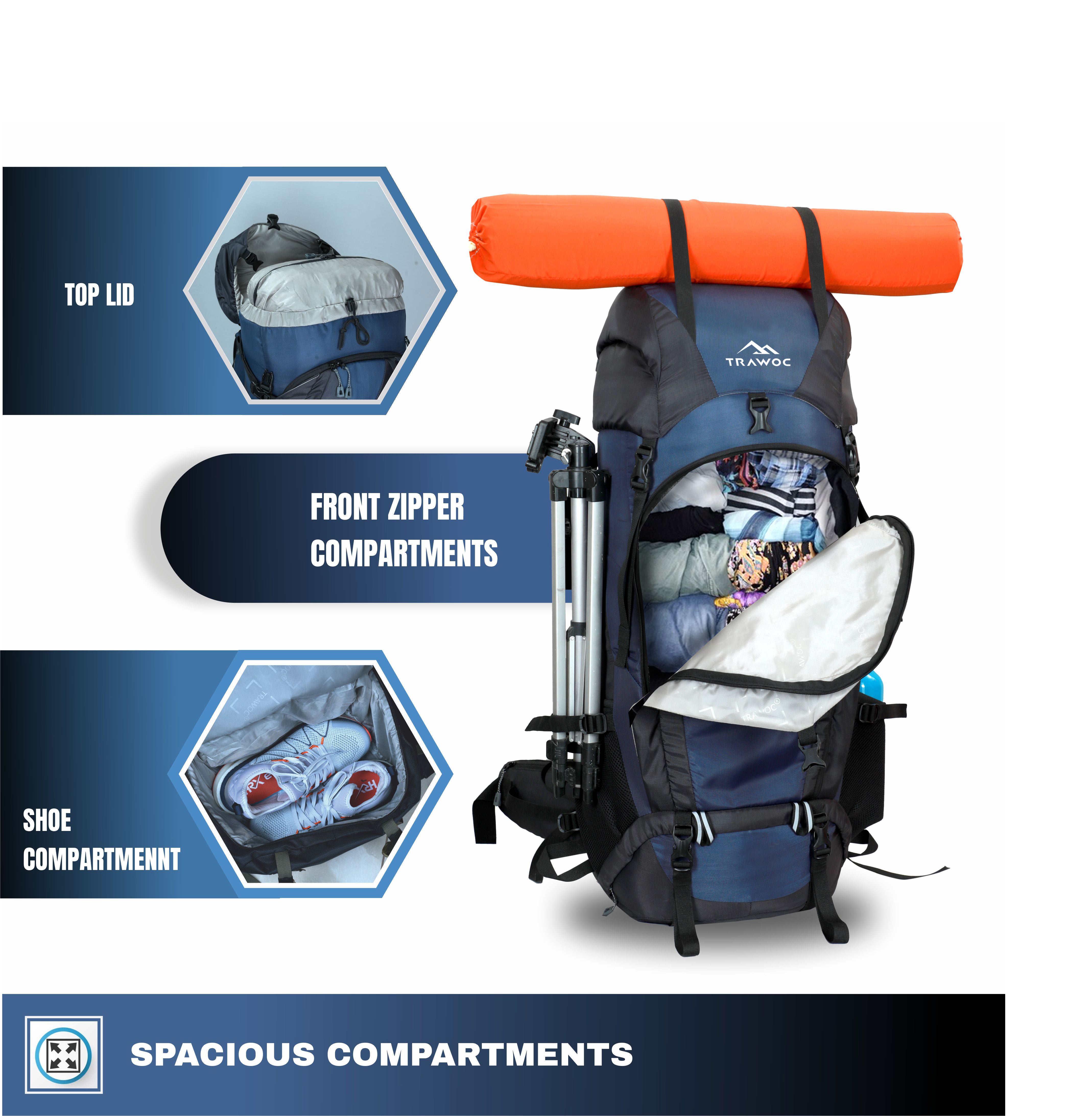 Trawoc Camping Backpack (70Ltr) | With Water Proof Rain Cover | Front ...